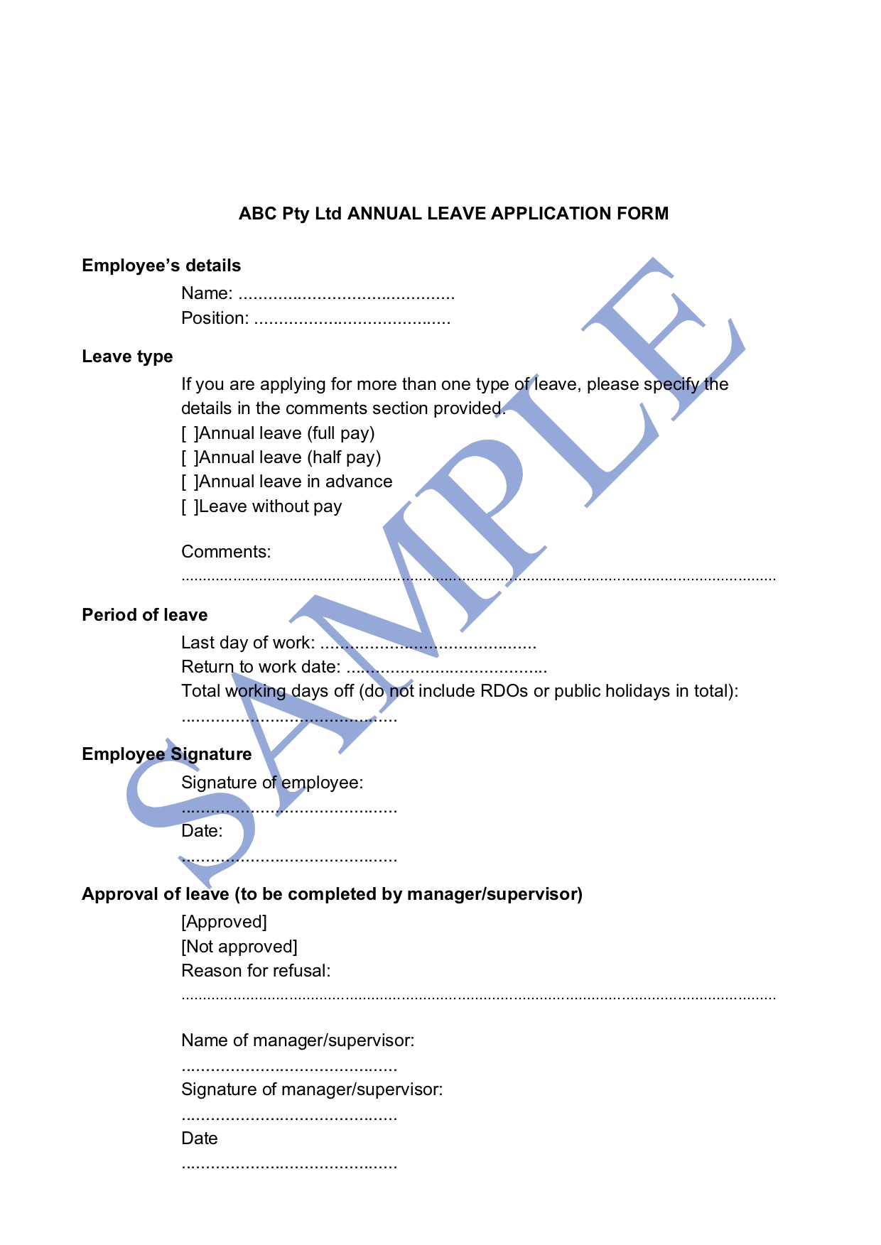 Annual Leave Application Form Free Template Sample Lawpath